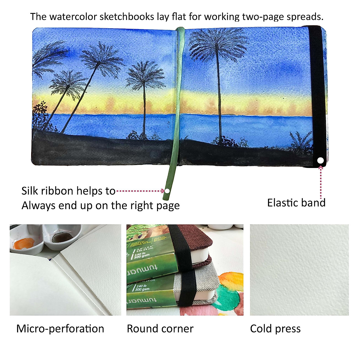 Square Watercolor Journal, 5.5x5.5”, 140 LB, 300 GSM, tumuarta Cotton Paper, Cold Press, 24 Sheets, 48 Pages, Watercolor Paper Notebooks for Use As Travel Sketchbooks and Mix Media Pad On The Go