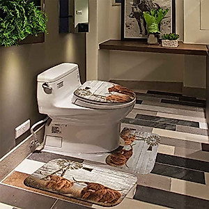 SKAILIÉ 4PCS Funny Highland Cow Shower Curtain Set, Farm Windmill Brown Cattle Bull Longhorn Wildlife Animal Western Country Rustic Farmhouse Bathroom Decor, Fabric Shower Curtain, Non-Slip Bath Mat