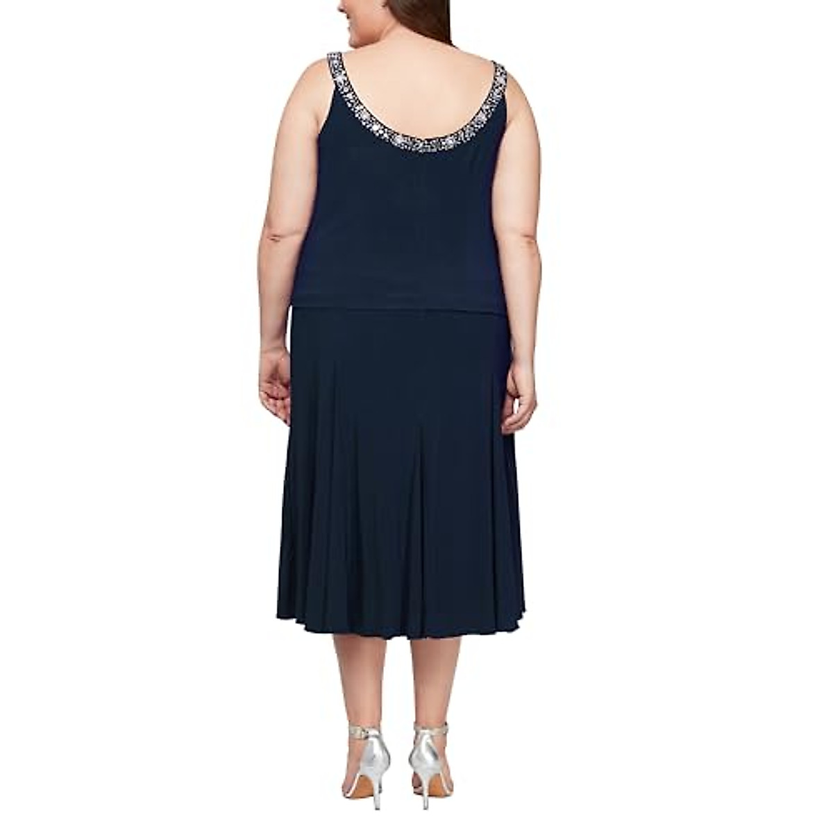 Alex Evenings womens Plus-size Tea Length Jacket With Sequin Beaded Trim Special Occasion Dress, Navy, 16 Plus