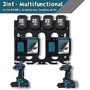 DITKOK 3 in 1 Wall Mount Shelf for Makita Battery, Holder for Makita DC18RC DC18RD Charger, Hanger for Cordless Drill Driver, Cordless Drill Charging Station