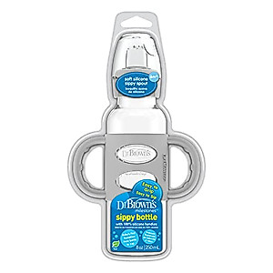 Dr. Brown's Milestones Narrow Sippy Spout Bottle with 100% Silicone Handles, Easy-Grip Handles with Soft Sippy Spout, 8oz/250mL, Light-Blue & Gray, 2-Pack, 6m+