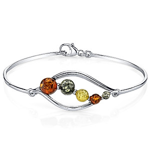 PEORA Genuine Baltic Amber 5-Stone Open Leaf Bangle Bracelet for Women 925 Sterling Silver, Rich Cognac, Olive Green and Honey Yellow Colors, 7 1/2 inch length