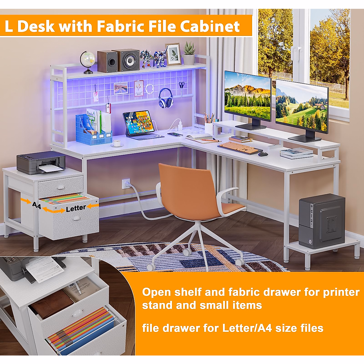 Furologee White L Shaped Gaming Desk with LED Strips and Power Outlets, 64" Reversible L Computer Office Desk with Pegboard and Fabric File Drawer, Coner Desk with Monitor Stand and Hutch