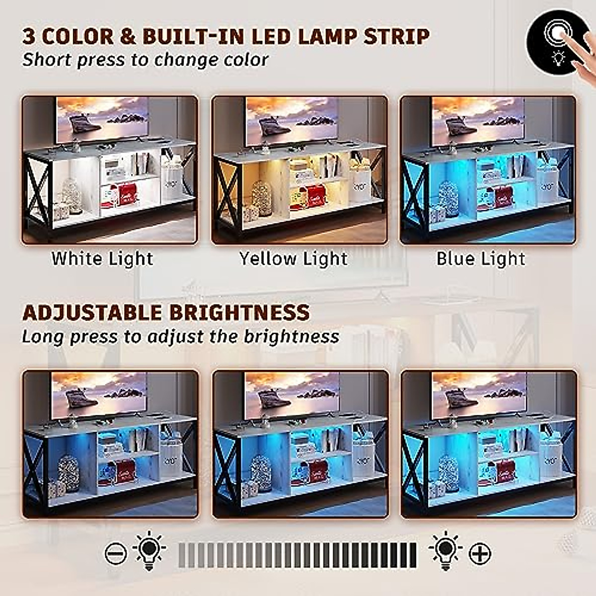 FOMNEY LED TV Stand with Auto LED Lights, Entertainment Center with Wireless/USB/Type-C Charging Station, Television Stands for 65+ Inch TV, TV Cabinet with Adjustable Legs for Living Room(White)