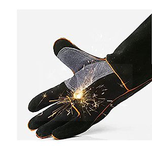 Qahdeikd Welding Gloves Heat Resistant Leather Forge welding accessories Tig Welder BBQ Barbecue Grilling Fireplace Oven Wood Stove (14IN, Black/Grey)