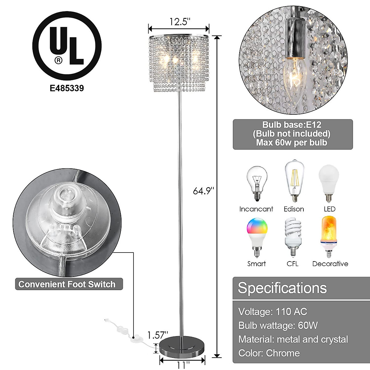 Crystal Floor Lamp, Modern Standing Lights 64.9" Tall Pole Lamp Elegant Chrome Finish with Crystal Shade Floor Lamp Bright Floor Lamp for Living Room Bedroom Office Study Room Girls Room Silver