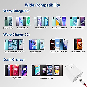 Warp Charger 65W for OnePlus 9R/9RT 5G/9/9 Pro, OnePlus Charger Warp Charge for OnePlus Nord 2 5G/8T/8T+ 5G,USB Wall Plug Block Replacement with Warp Charging USB A to C Cable（3.3ft）