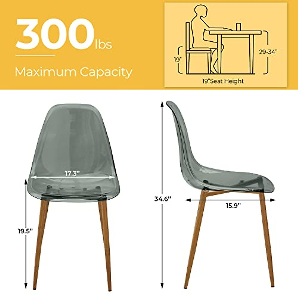 GreenForest Acrylic Ghost Chairs Set of 4, Dining Kitchen Room Chairs with Crystal Seat, Modern Shell Lounge Chair, Greyish Green