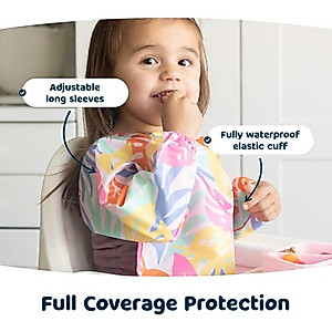 Tiny Twinkle Mess Proof Baby Bib, Cute Full Sleeve Bib Outfit, Waterproof Bibs for Toddlers, Machine Washable, Tug Proof Closure, Baby Smock for Eating, Long Sleeved (Pink Palm, Large 2-4 Years)