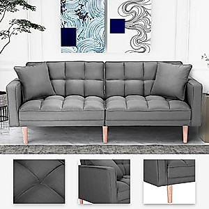SoarFlash Modern Upholstered Convertible Futon Sofa Bed, Mid-Century Fabric Multi-Function Loveseat Sofa Twith 3 Adjustable Backrests and 5 Solid Wooden Legs (Deep Grey)