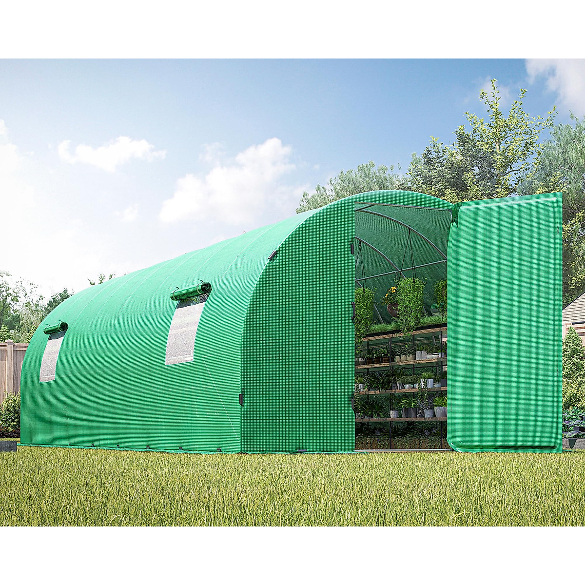 Papababe 28x10x7.5 FT Extra high Large Walk-in Greenhouse for Outdoors, Upgraded Swing Door, Heavy Duty Galvanized Steel Frame Tunnel Greenhouse kit, Reinforced PE Cover & Film Clips, Green