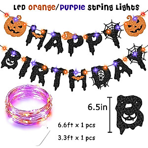 Halloween Happy Birthday Banner with Lights, Halloween Birthday Party Decorations, Black Glitter Halloween Happy Birthday Banner with String Lights, Pumpkin Bat Orange Purple LED Lights String