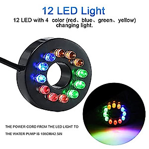 15W 264GPH Submersible Fountain Pump with 12 Colorful LED Lights for Outdoor Pond, Aquarium fish tanks, Water Feature, Statuary Gardens and Hydroponic