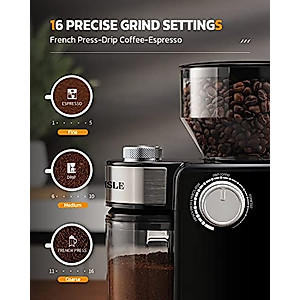 KIDISLE Electric Burr Coffee Grinder2.0, Automatic Flat Burr Coffee for French Press, Drip Coffee and Espresso, Adjustable Burr Mill with 16 settings, 14 Cup, Stainless Steel