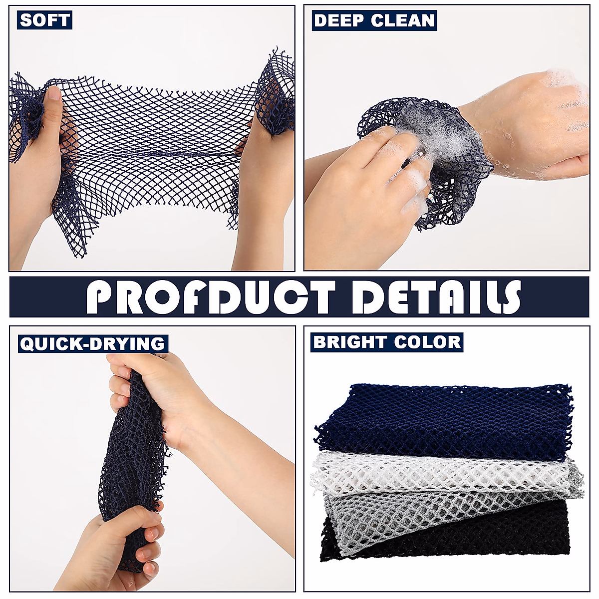 4 Pieces African Net Bath Net Sponge Body Exfoliating Polyester Cleaning Shower Body Scrubber Back Scrubber Exfoliating Wash Bath Cloth for Daily Use (Black, Blue, White, Gray,7.8 x 27.6 Inch)