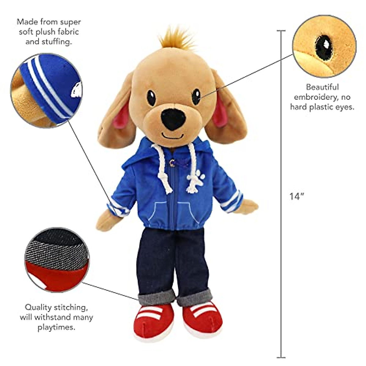 Playtime by Eimmie Plushible Rag Doll Dog - Soft Dolls for Baby Boy, Girls, Toddler & Infants - Stuffed Animal Rag Doll Plush Toys- Washable Fabric - Sensory Toys - 14 Inch Stuffed Dog with Clothes