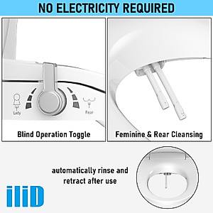 iliD Bidet Seats Bidet Toilet Seat, Elongated Toilet Seat, Non-Electric Self Cleaning Dual Nozzles, Quiet-Close, Easy Installation, Equipped With Water Filter, 1 Year Warranty
