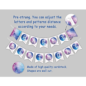Pre-Strung Galaxy Stars Sky Birthday Banner, Ready to Hang Universe Space Bday Party Sign, Nebula Bunting