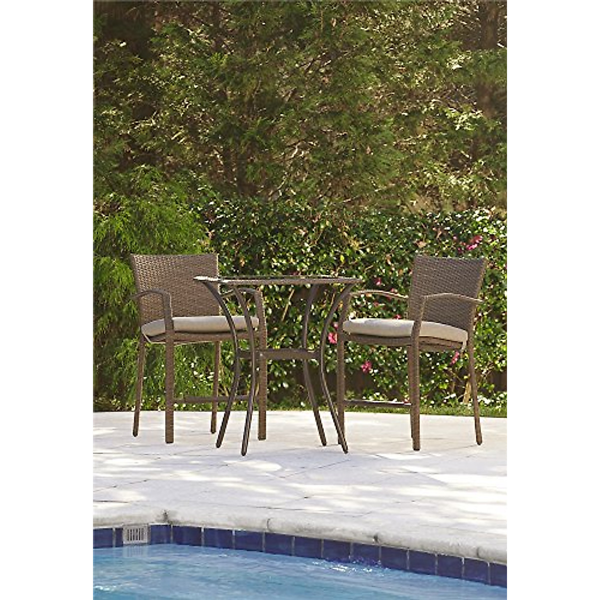 Cosco Outdoor 3 Piece High Top Bistro Lakewood Ranch Steel Woven Wicker Patio Balcony Furniture Set with Cushions, Brown