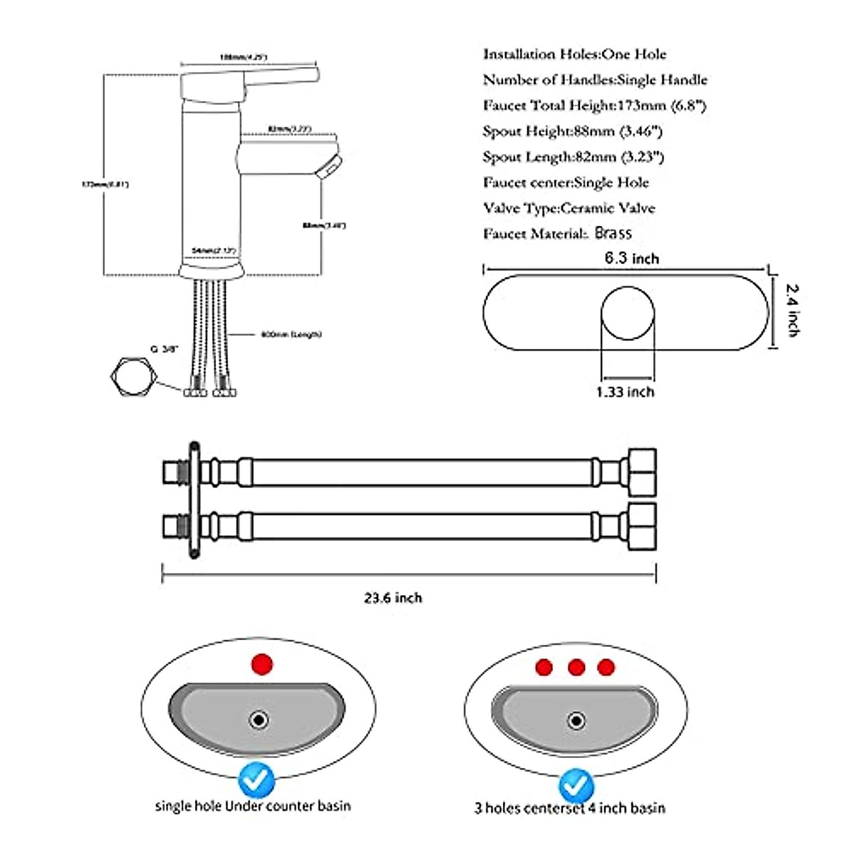 Bathroom Sink Faucet Brushed Nickel Single Hole One Handle Aerator Spout Sink Vanity Bath Lavatory Commercial Basin Faucet with Deck Plate Include PoP Up Drain with Overflow