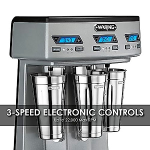 Waring Commercial WDM360TX Heavy-Duty Triple Spindle Drink Mixer, Each Spindle Has Independent 1hp Motor, with Countdown Timer, Digital Display, Automatic Start/Stop, 120V, 5-15 Phase Plug,Silver
