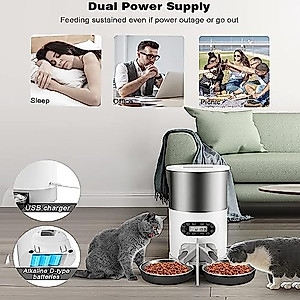 SLDPET Cat Feeder Automatic for 2 Cats 304 Stainless Steel Timed Cat Food Dispenser for Cats & Small Dog 4.5L with 2-Way Splitter with APP Control,10s Voice Recorder, Dual Power Supply