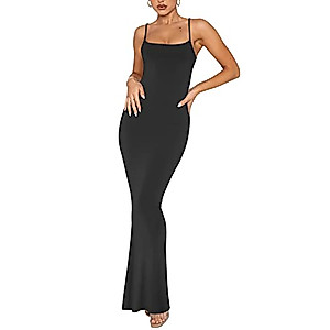 REORIA Women's Sexy Casual Lounge Slip Long Dress Elegant Wedding Guest Sleeveless Backless Ribbed Bodycon Maxi Dresses Black X-Small