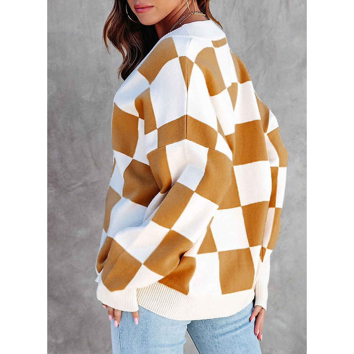 Dokotoo 2024 Fashion Cardigan Sweaters for Women V Neck Button Up Long Sleeve Plaid Cable Knit Sweater Casual Loose Flowy Checkered Fall Womens Cardigans Ladies Outerwear Brown S