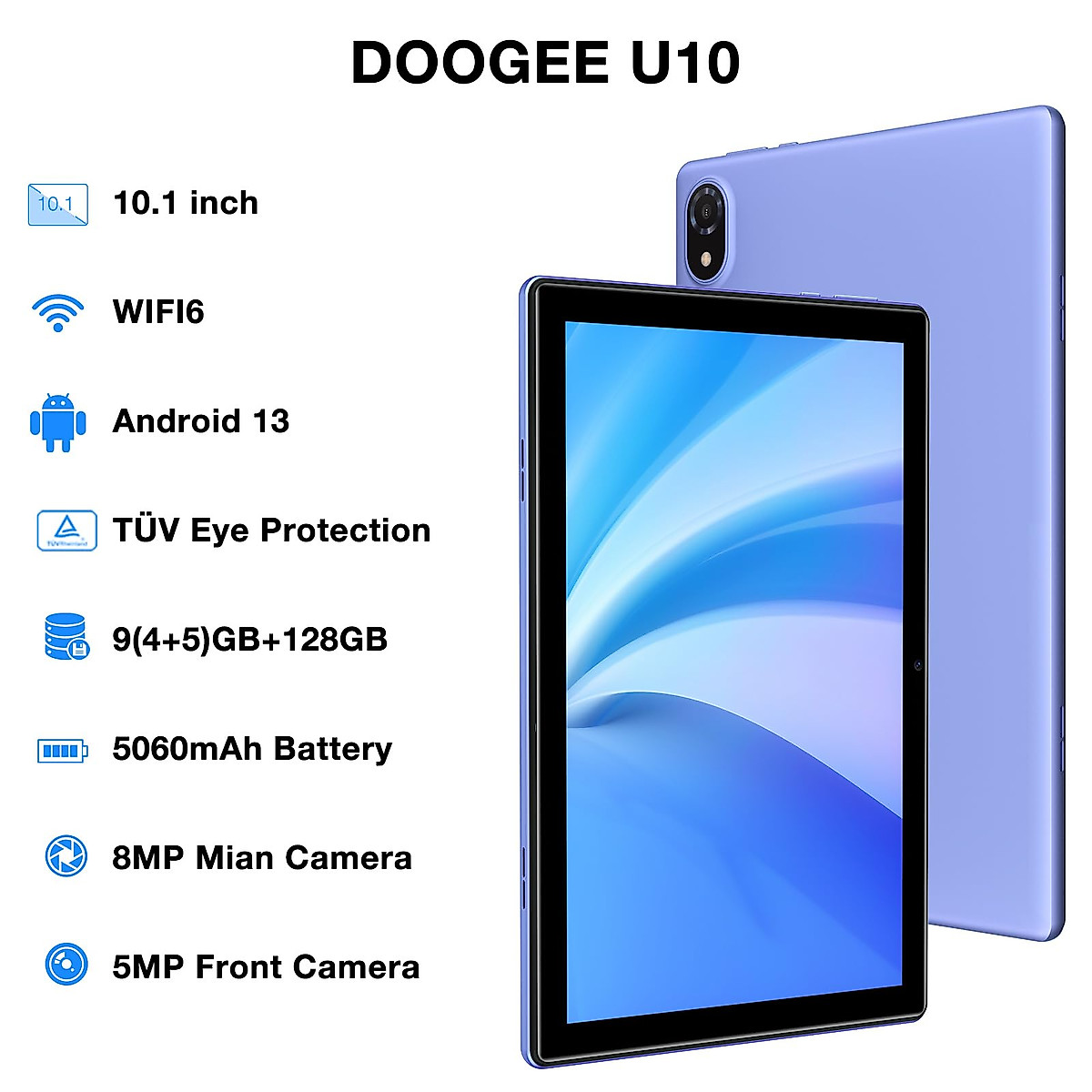 DOOGEE U10 Android Tablet, 9GB RAM + 128GB ROM(TF 1TB) Android 13 Tablet Quad-Core 2.0 GHz, 10.1" Display | 5060mAh | TÜV Low Bluelight, Widevine L1 | 8MP+5MP | Bluetooth 5.0 | WiFi-6 | OTG-Purple