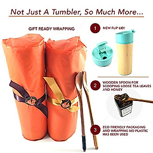 Dounguri Bamboo Thermos with Tea Infuser & Strainer 19oz capacity - Keeps Hot & Cold for 12 Hrs - Vacuum Insulated Stainless Steel Travel Tea Tumbler Infuser Bottle for Loose Leaf Tea & Coffee