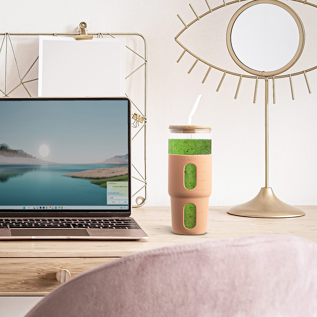 32oz Drinking Glass Tumbler with Bamboo Lid and Straw - Silicone Sleeve - Fits Car Cup Holder - Reusable Boba Smoothie Cup, Spill Proof Travel Water Bottle, Iced Coffee Tumbler, BPA Free - Amber.