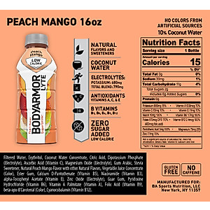 BODYARMOR LYTE Sports Drink Low-Calorie Sports Beverage, Peach Mango, Coconut Water Hydration, Natural Flavors With Vitamins, Potassium-Packed Electrolytes, Perfect For Athletes, 16 Fl Oz (Pack of 12)