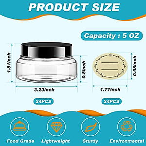 Tessco 24 Pack Plastic Jars with Lids Labels Empty Clear Plastic Jars Round Refillable Cosmetic Containers Body Butter Containers Bulk Sugar Scrub Bottle for Make Up(5 oz,Clear)