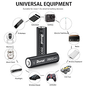 BONAI 4 Packs 2800mAh AA Rechargeable Batteries 1.2V Ni-MH Low Self Discharge High Capacity