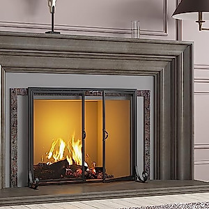 Fire Beauty Fireplace Screen with Hinged Doors, Powder Coated Steel Frame, Metal Mesh, Handcrafted Solid Steel,Decorative Design, Free Standing Spark Guard