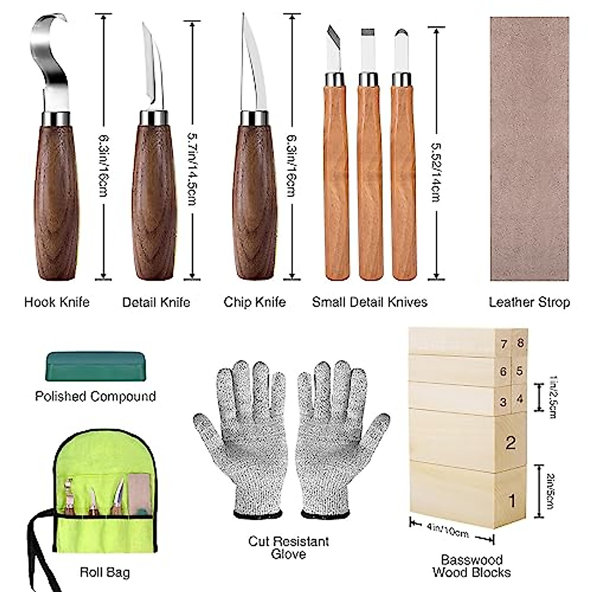 Wood Whittling Kit for Beginners Kids and Adults,Wood Carving kit Set With 8PCS Basswood Carving Blocks,Wood Carving Tools Gift include 6PCS Whittling Knife,Gloves,Roll Bag,Sharpener for Widdling Kit