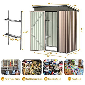 UDPATIO Outdoor Storage Shed with 2 Shelves 5x3 FT, Metal Outside Sheds & Outdoor Storage Galvanized Steel for Backyard, Patio, Lawn, Garden Shed with Lockable Door for Bike and Tools, Brown