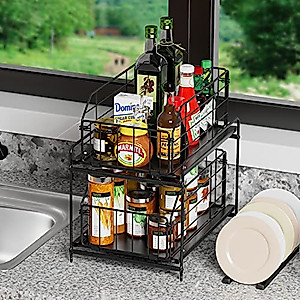 Lxmons Pull Out Under Sink Organizer, 2 Tier Slide Out Cabinet Drawer Organizer, Metal Basket Home Shelf for Bathroom or Kitchen, Sliding Countertop or Pantry Organization Storage, Large Black