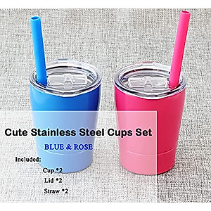 Colorful PoPo Small Cute Kids Cups 2 Pack, Stainless Steel Kid Tumbler with Lid and Straw, Double Wall Vacuum Insulated Toddler Sippy Cups, Children Smoothie Drinking Cup - Pink and Blue