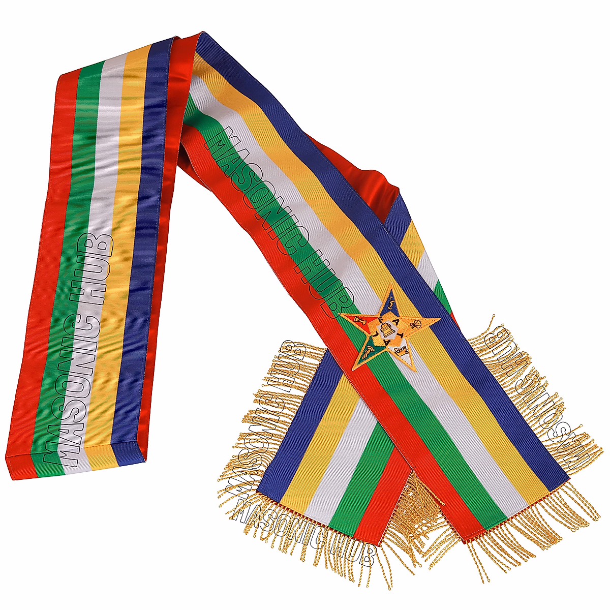 Masonichub Masonic Order of Eastern Star OES Sash Five Color With Soft Gold Fringe Side O.E.S Hand Embroidered Star