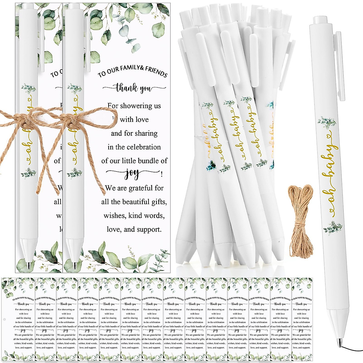 Tenceur 50 Set Baby Shower Pens Greenery Baby Shower Favor for Guest Sage Ballpoint Pens with Woodland Thank You Cards Gender Reveal Party Favor for Girl Boy Baby Shower Party Souvenirs Prizes