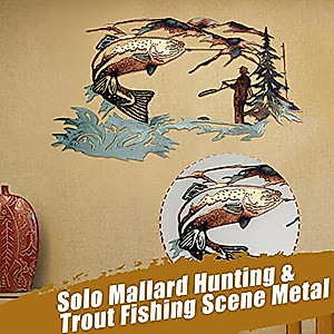 Outdoor Deer Statues HUNTING & TROUT FISHING SCENE METAL WALL ART Solar Yard Gnome