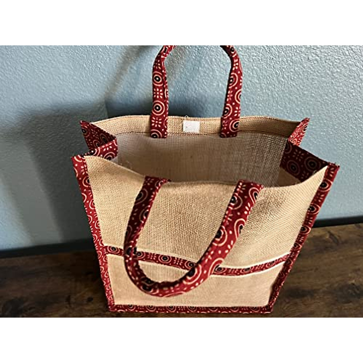 Stylish Hand made Jute Bags - Unique bag designs (supports under privileged women), Beige With Red Or Yellow Accents