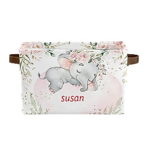 Personalized Pink Flower Elephant Storage Basket Bin with Name Large Storage Cube Box with Handles for Home Office Bedroom Closet Shelves(1 Pack)