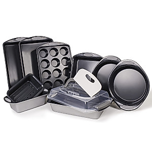 BergHOFF 11Pc Perfect Slice Bakeware Set, Covered Rectangle Cake Pan, Cookie Sheets, Muffin Pan, Loaf Pan, Round, Square and Rectangle Cake Pans, Slicer, Silver & Silver