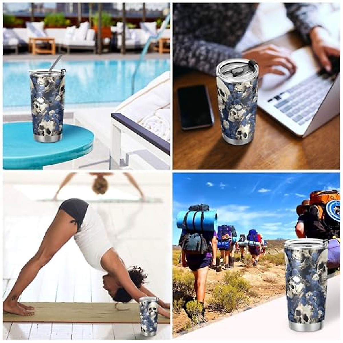 HXshaoye blue flowers skulls hippie Stainless Steel coffee cups with lids with Lid and Straw mug for hot drinks for coffee reusable 20oz coffee tumbler termos para gym 20oz