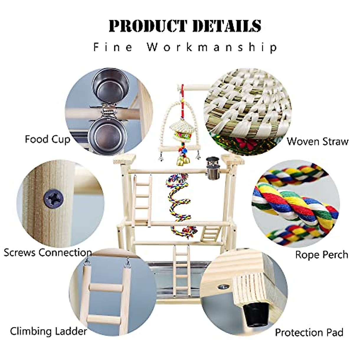 KUCDBUN Bird Playground 3 Layers Parrot Playstand with Bird Rope Perch for Parakeets, Budgies, Cockatiel, Conures, Finches, Lovebirds ect Small Birds