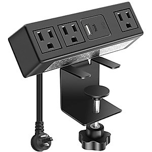 CCCEI Desk Clamp Power Strip with PD 3.0 Fast Charging USB C Port, on Desktop Mount Widely Spaced Outlet 6 FT Flat Plug, Fit 1.6 inch Tabletop Edge Thick, 125V 12A 1500W (Black)
