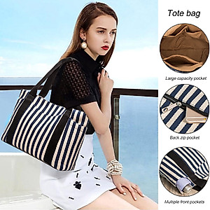 AONIJIE Canvas Work Tote Bag for Women, Medium Teacher Shoulder Bag, Lightweight Handbag Purse with Zipper Fit 13.3 Inch Laptop, Black Strip