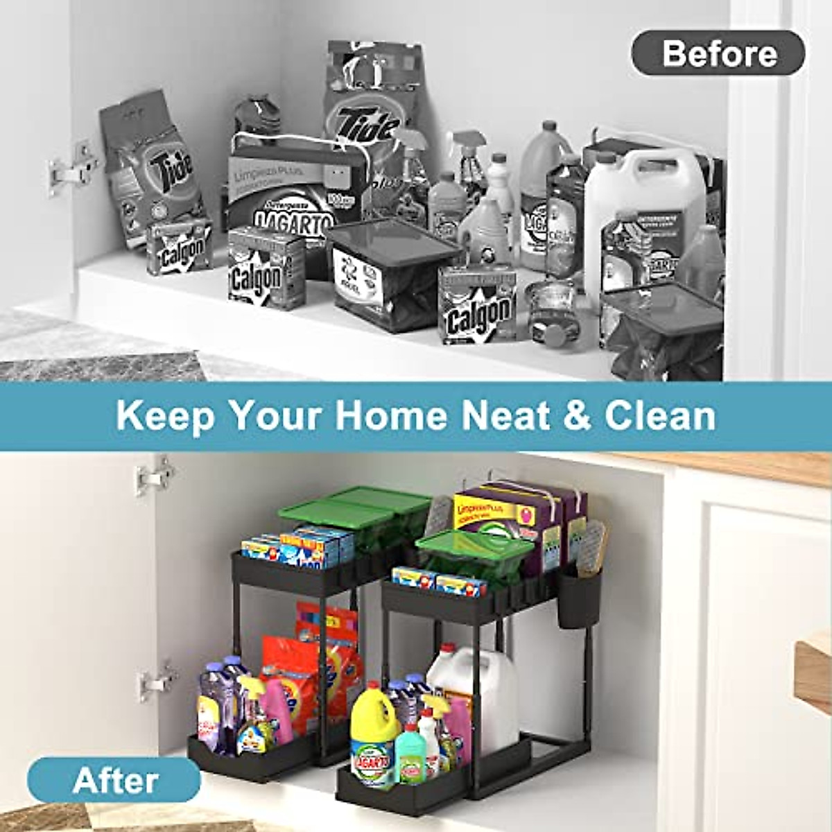 2 Pack Under Sink Organizers and Storage, 2 Tier Sliding Bathroom Organizer Under Sink, Adjustable Height Under Cabinet Organizer Basket with Hooks Hanging Cups, Shelf Organizer for Bathroom Kitchen